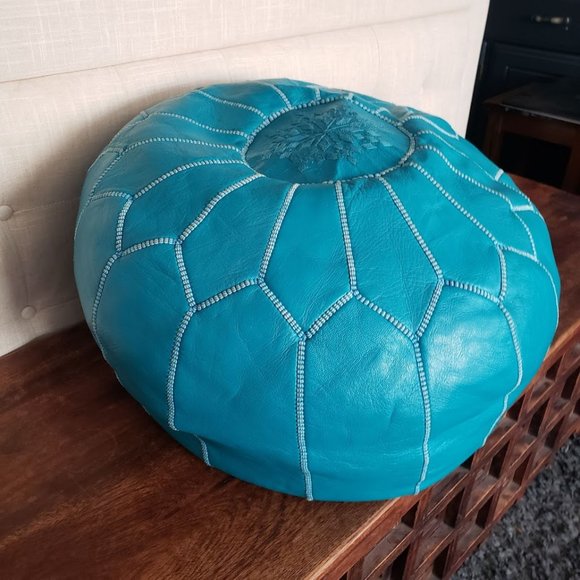 Accents | Moroccan Leather Pouf Poof Ottoman Teal Blue Handmade 2 X 20 ...
